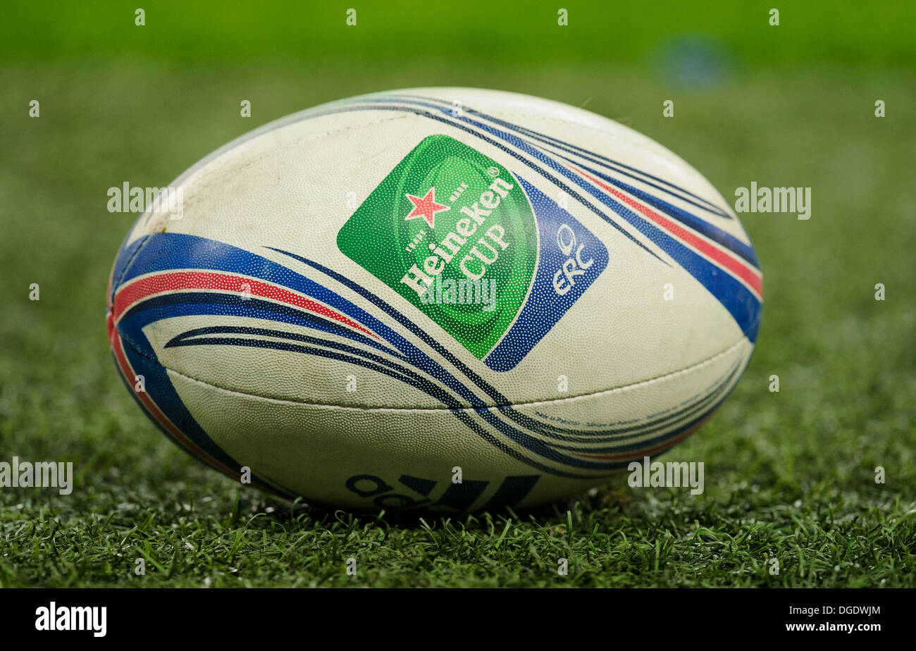 A Heineken Cup rugby ball with ERC Heineken Cup Rugby branding on it ...
