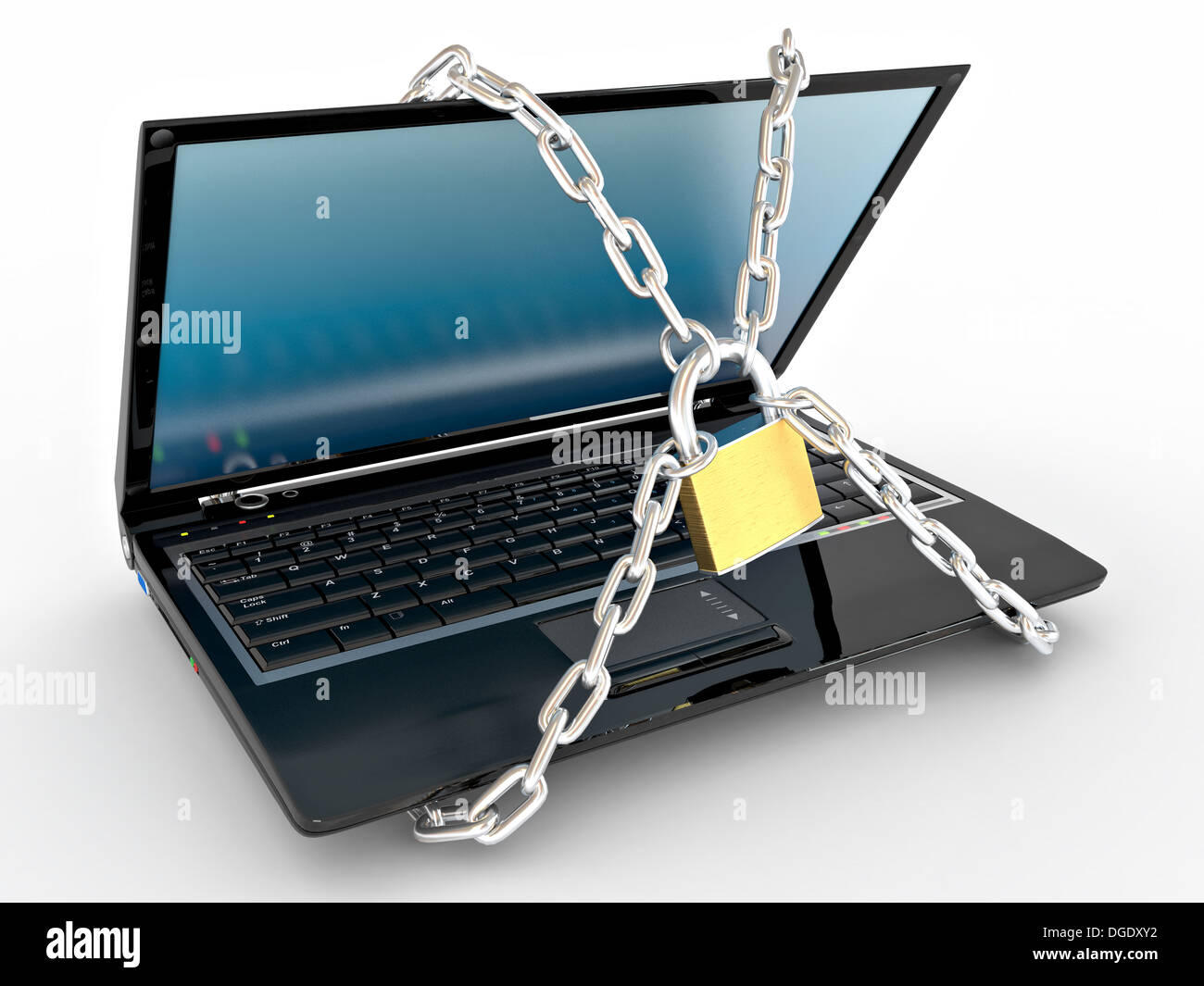 Laptop with chains and lock on white isolated background. 3d Stock ...