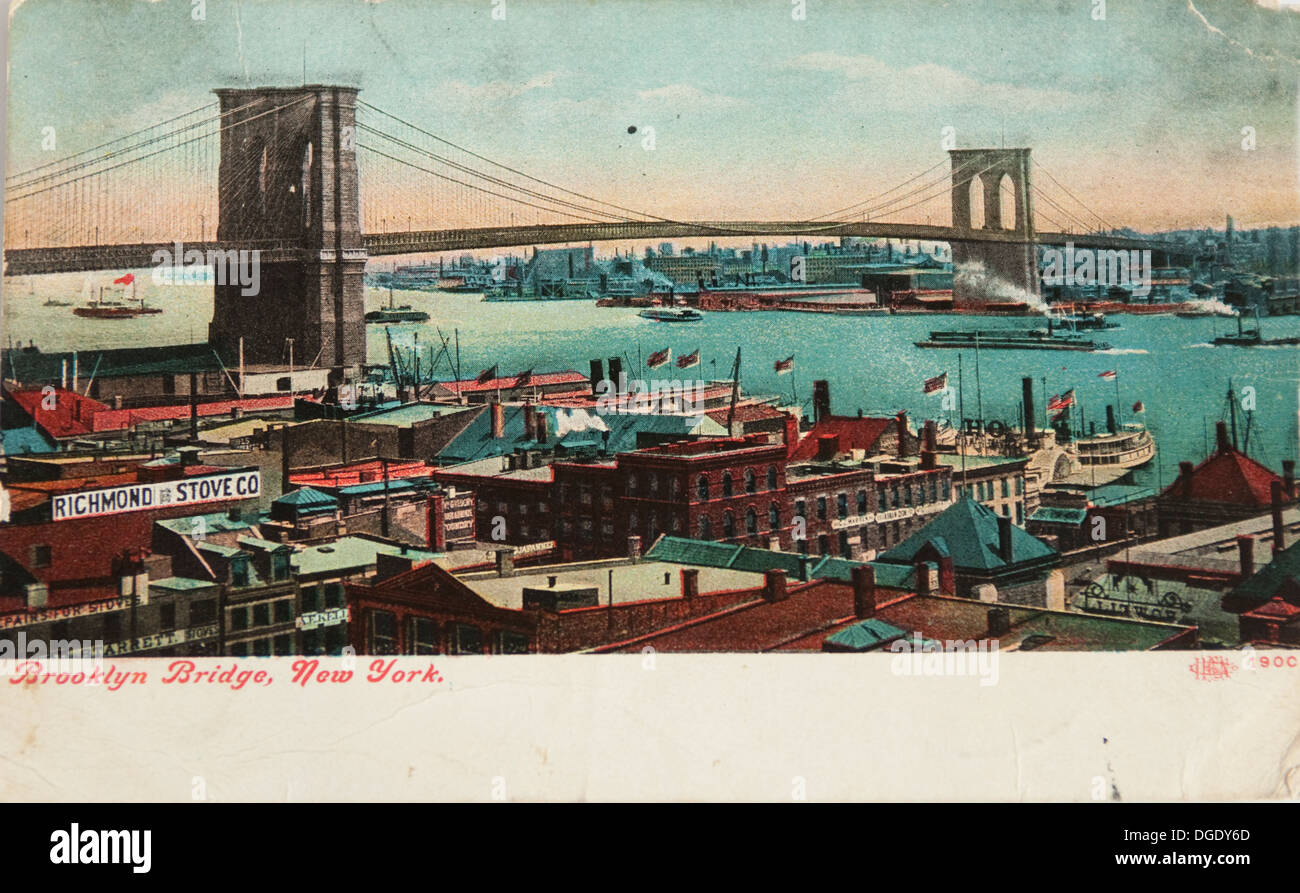 Vintage postcard depicting the Brooklyn Bridge crossing over the East ...