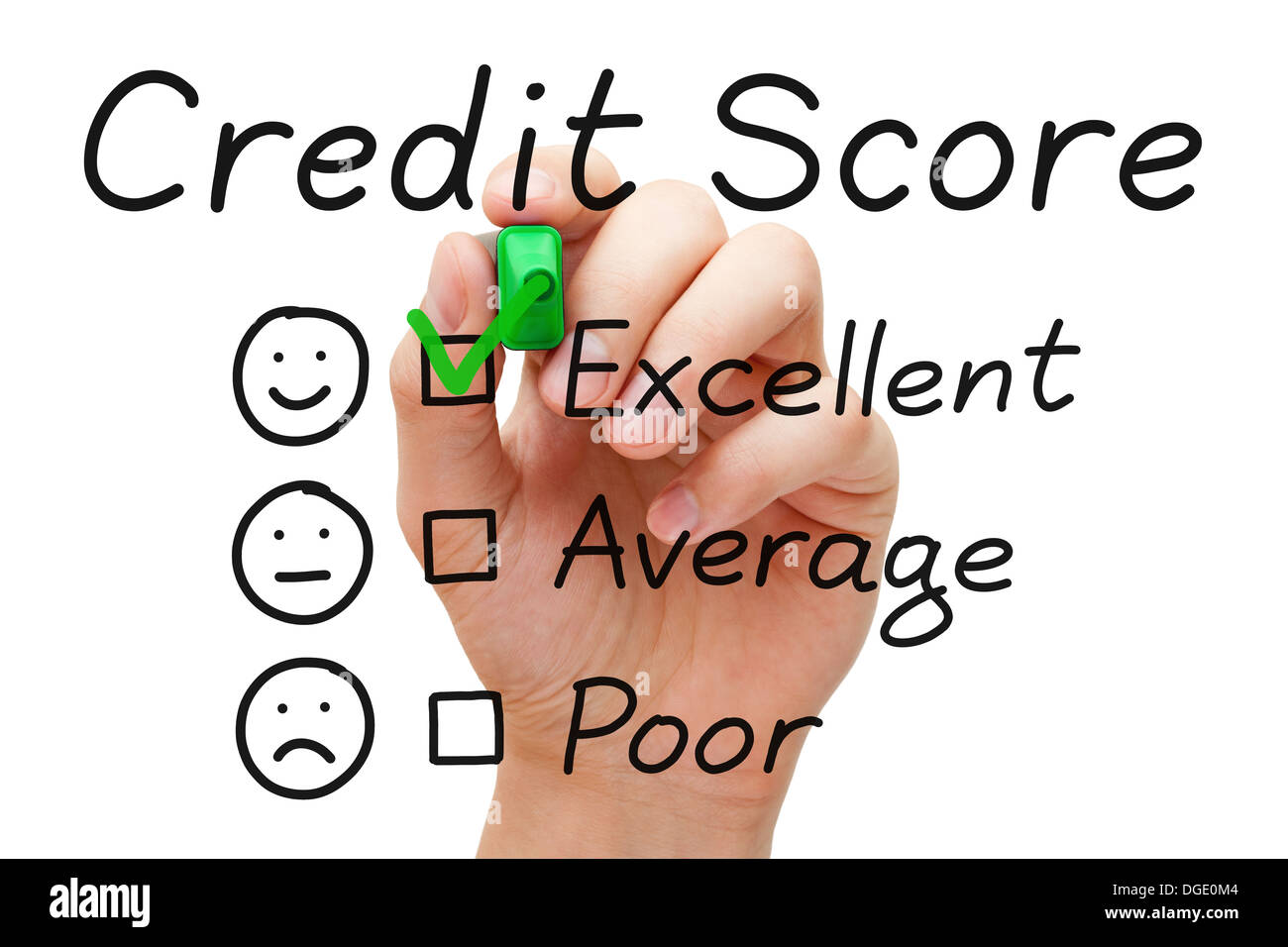 Hand putting check mark with green marker on excellent credit score ...