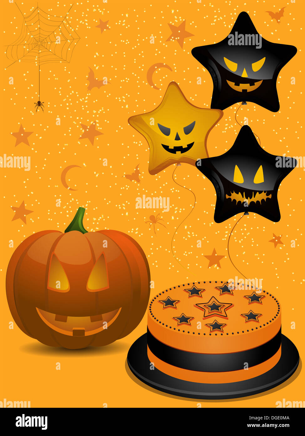 Halloween party background with pumpkin, cake and balloons Stock Photo ...