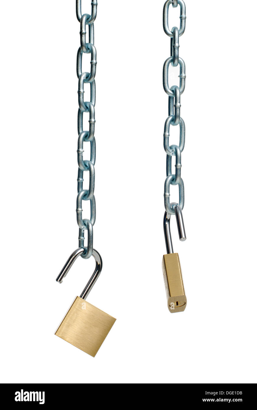 Two open padlock and chain isolated on white background Stock Photo - Alamy