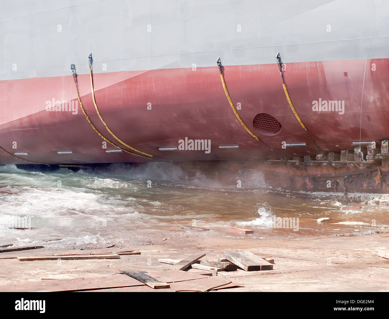 detail of ship launching - starboard with front propeller on slipway ...