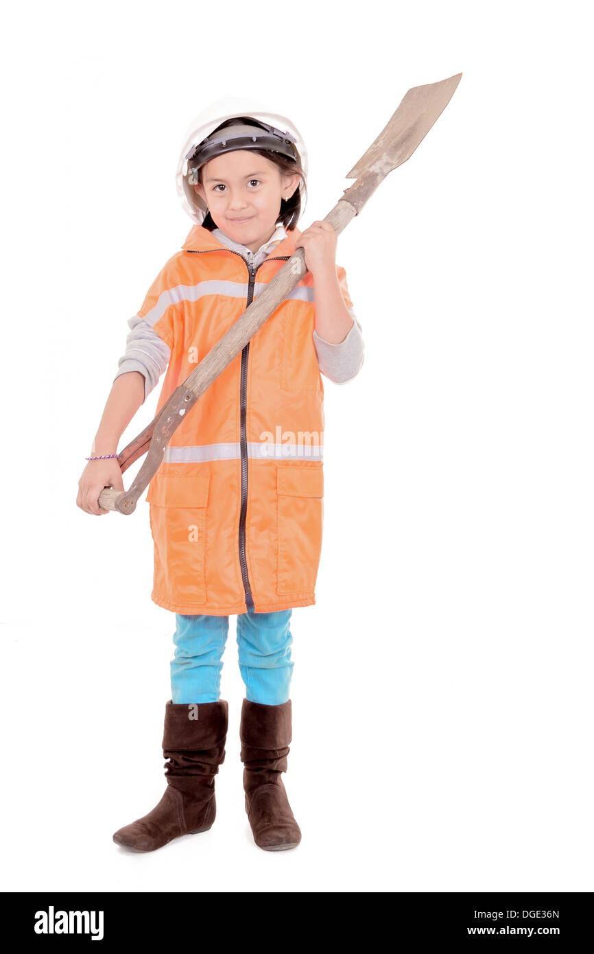 Kid as construction worker isolated on white background Stock Photo - Alamy