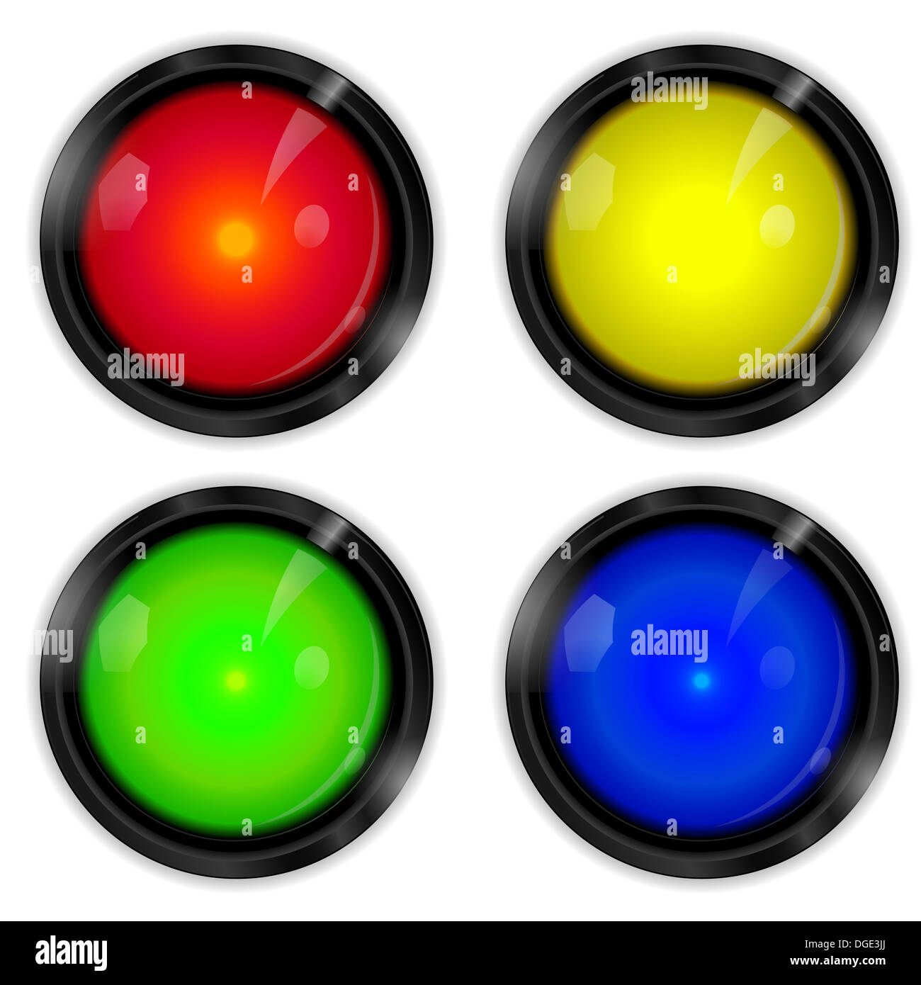 Set of acrade style lit buttons in red, yellow, green and blue Stock ...