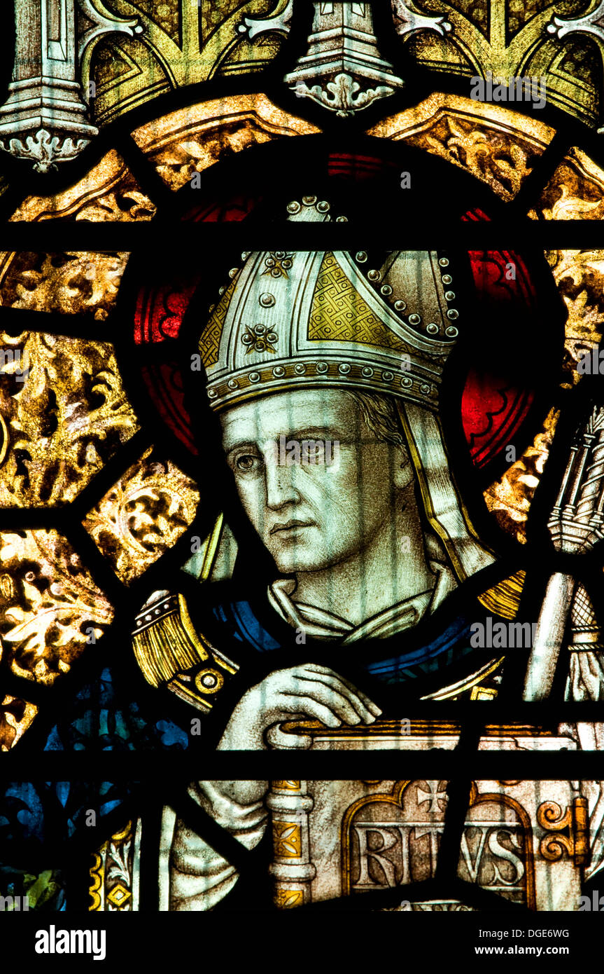 Clean shaven St Peter as Pope in stained glass regally dressed blues ...