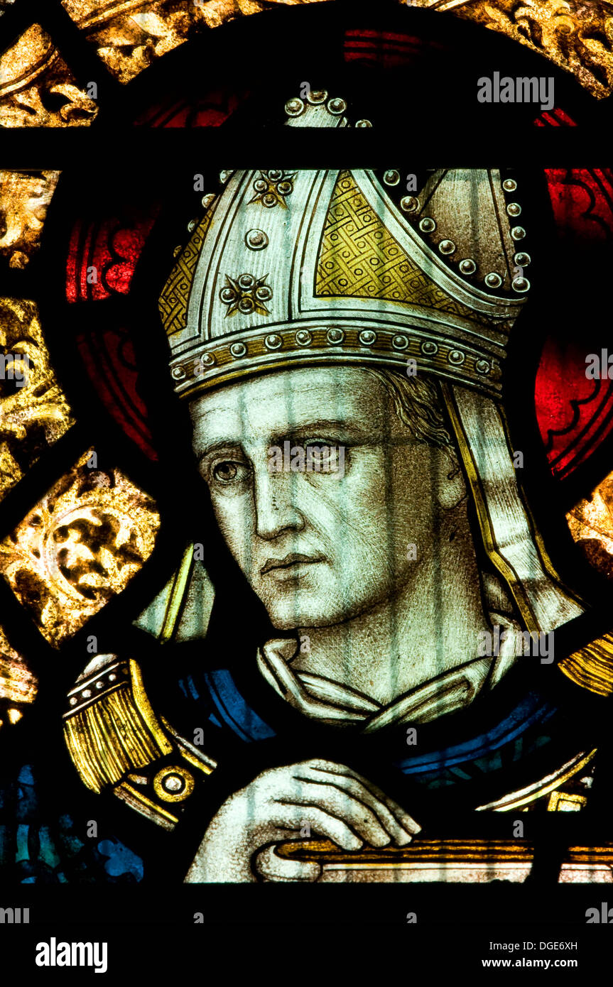 Clean shaven St Peter as Pope in stained glass regally dressed blues ...