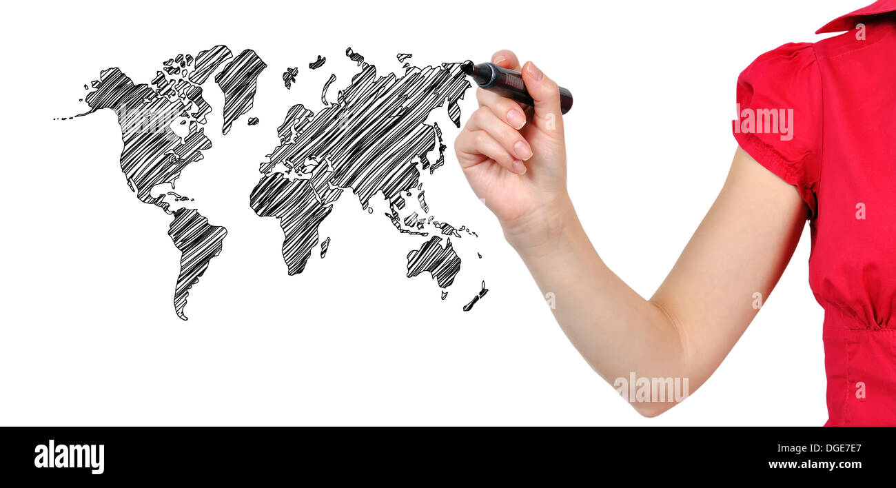 hand drawing world map on white background Stock Photo - Alamy