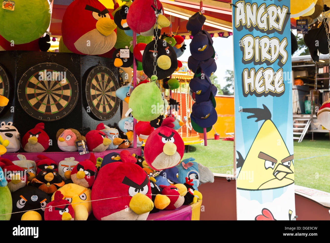 Angry Birds stuffed dolls prizes at a funfair in Northampton, England ...