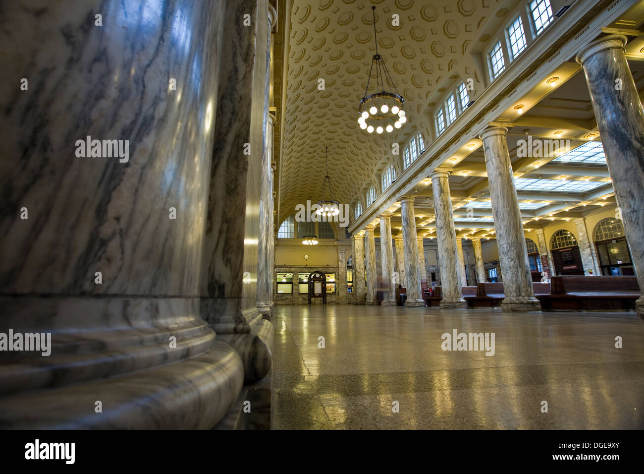 Detail of interior waiting area of an old train station (shallow depth ...