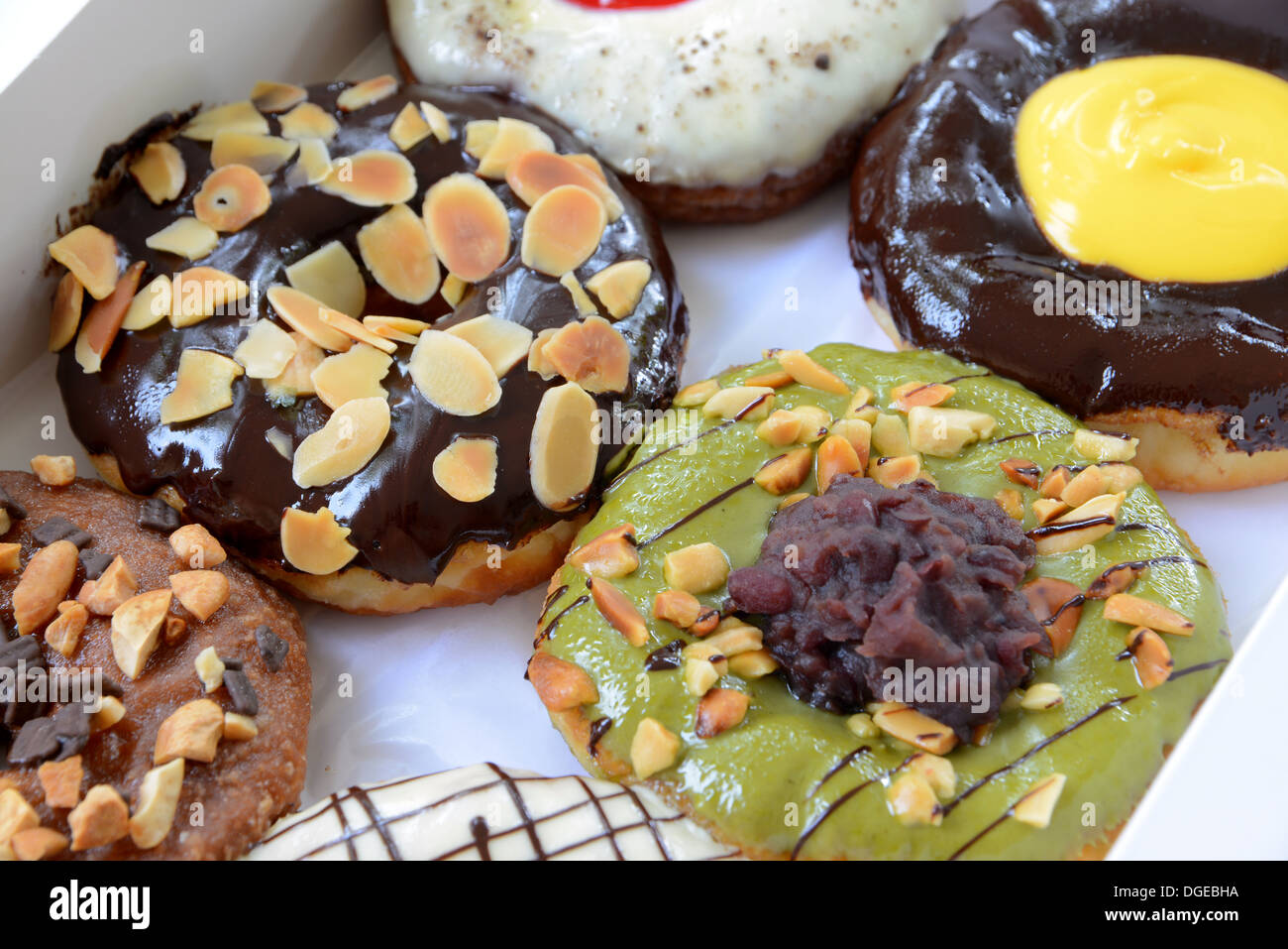 set of donuts in box close up Stock Photo - Alamy