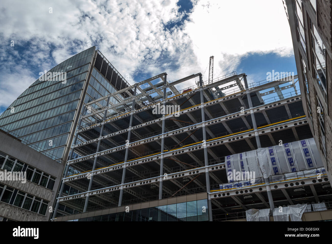 Moorgate Exchange during construction showing the structural steelwork ...