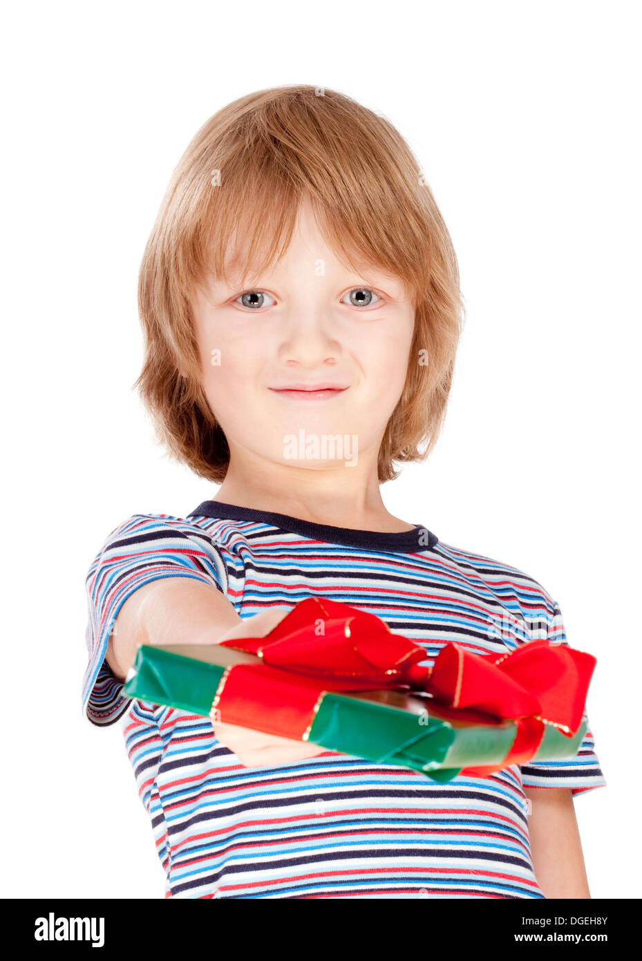 Boy Holding out a Present - Isolated on White Stock Photo - Alamy