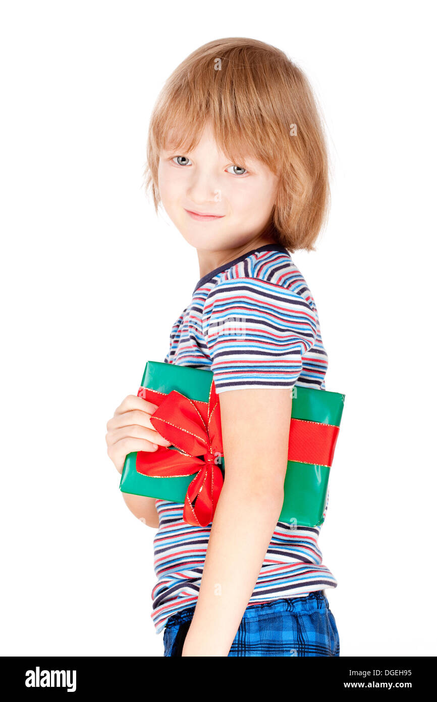 Boy Holding a Present - Isolated on White Stock Photo - Alamy