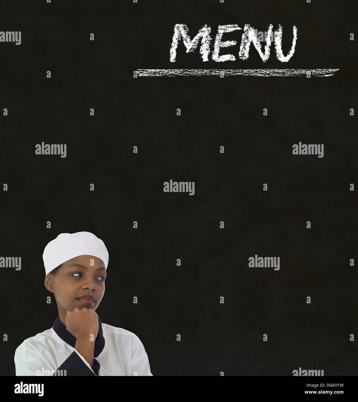 Chef with chalk menu sign written on blackboard background Stock Photo ...
