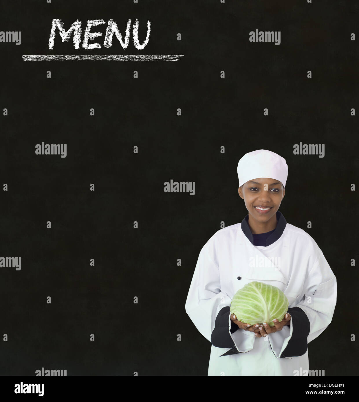 Chef with chalk menu sign written on blackboard background Stock Photo ...