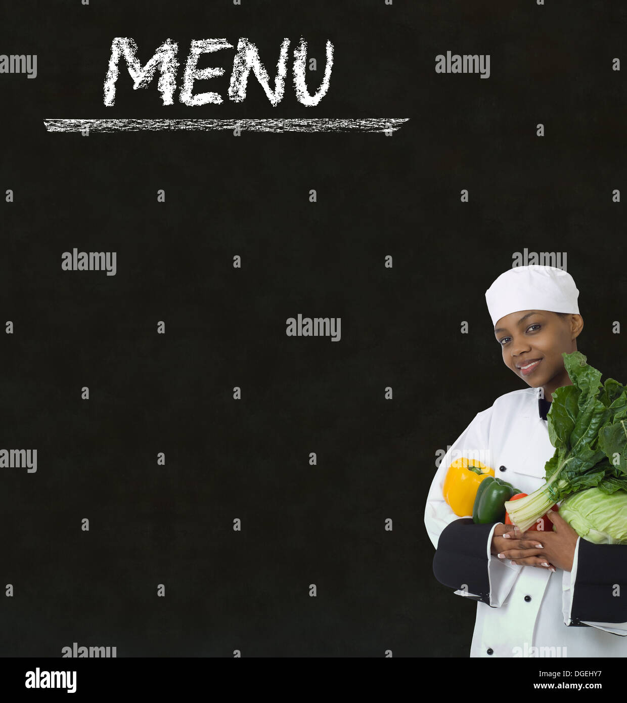 Chef with chalk menu sign written on blackboard background Stock Photo ...