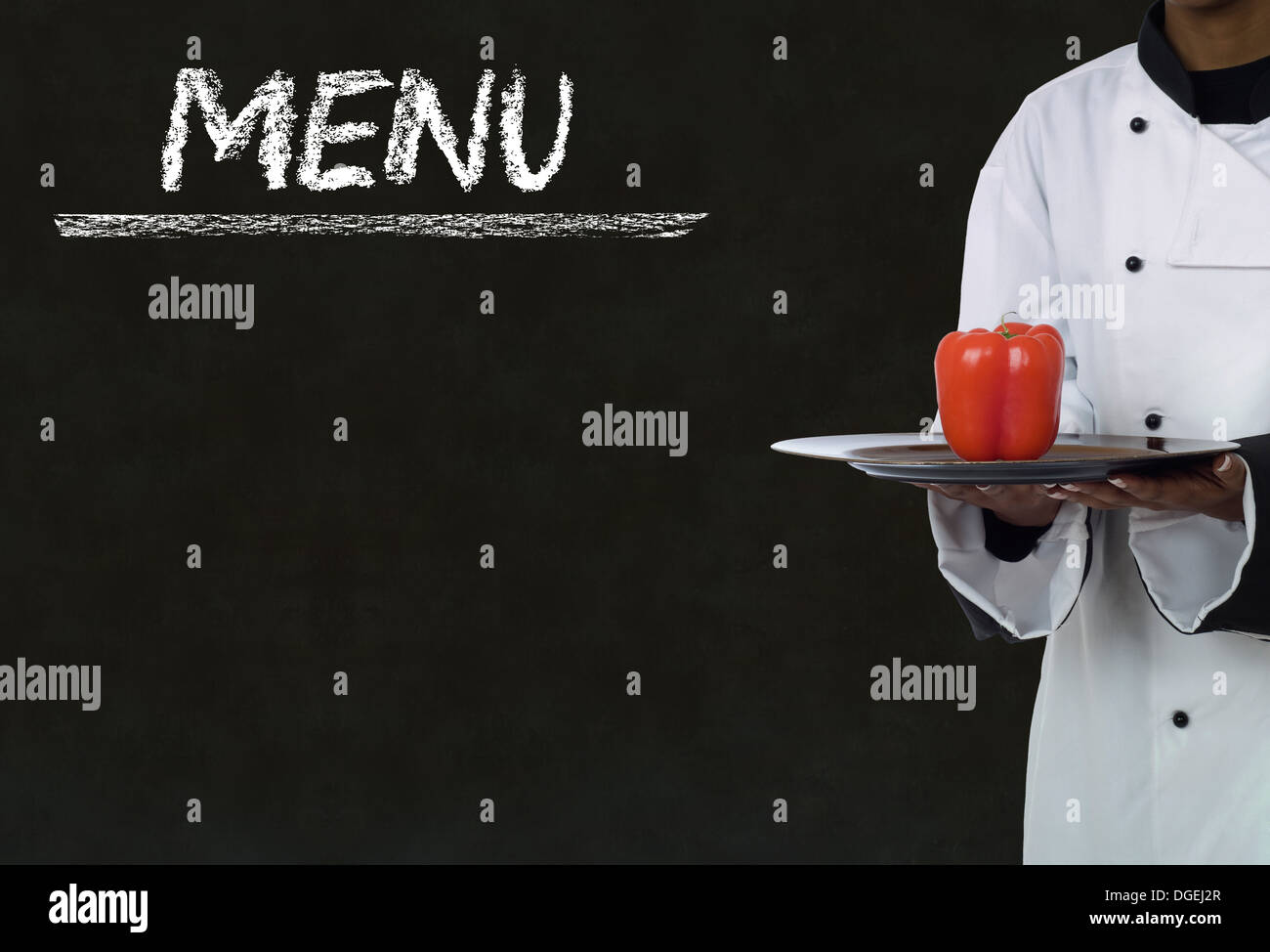Chef with chalk menu sign written on blackboard background Stock Photo ...