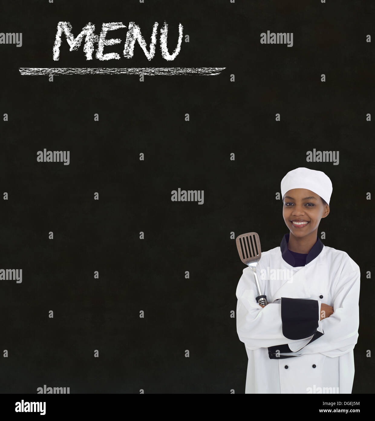 Chef with chalk menu sign written on blackboard background Stock Photo ...