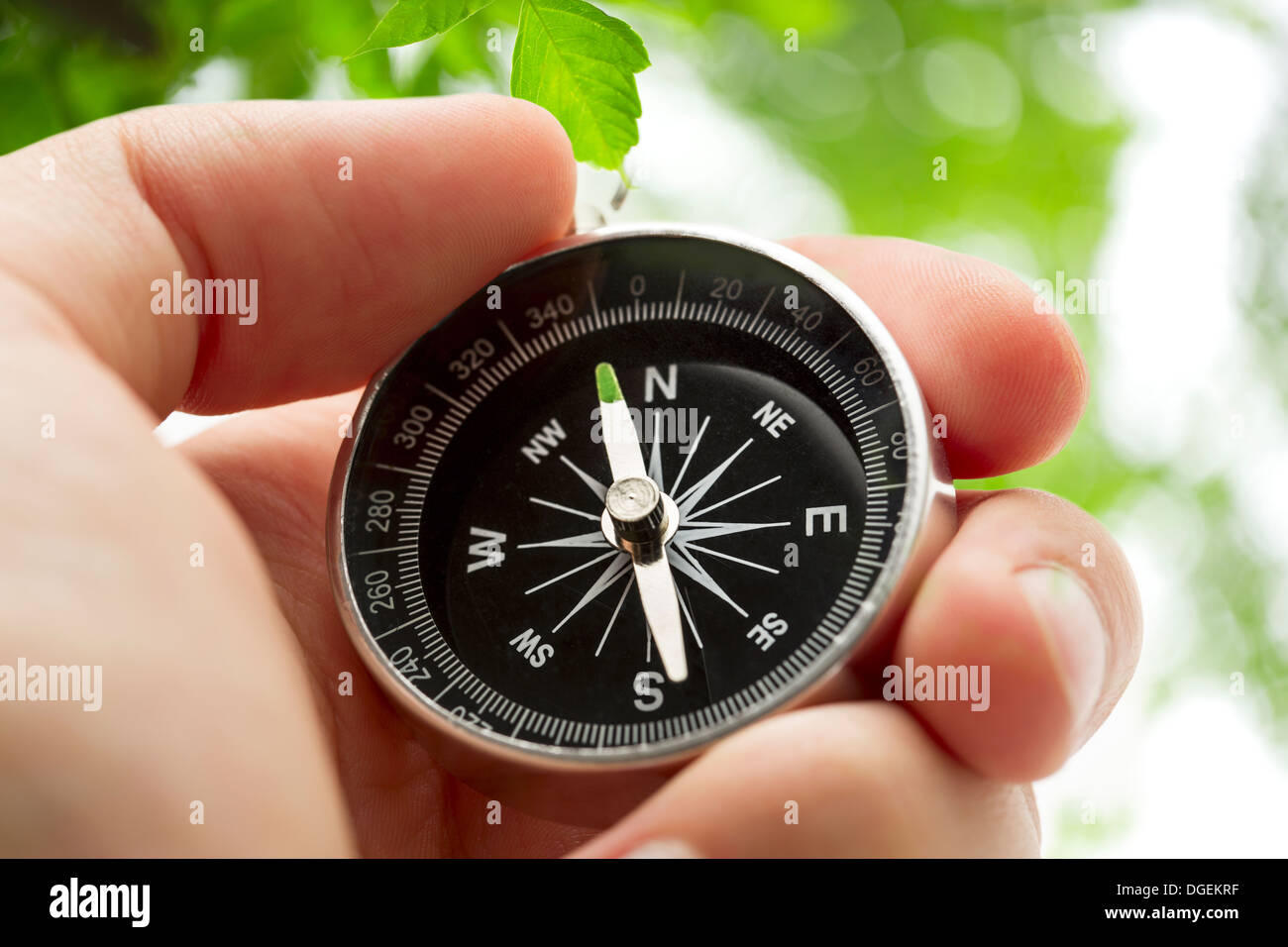 Hand holding silver black compass Stock Photo - Alamy
