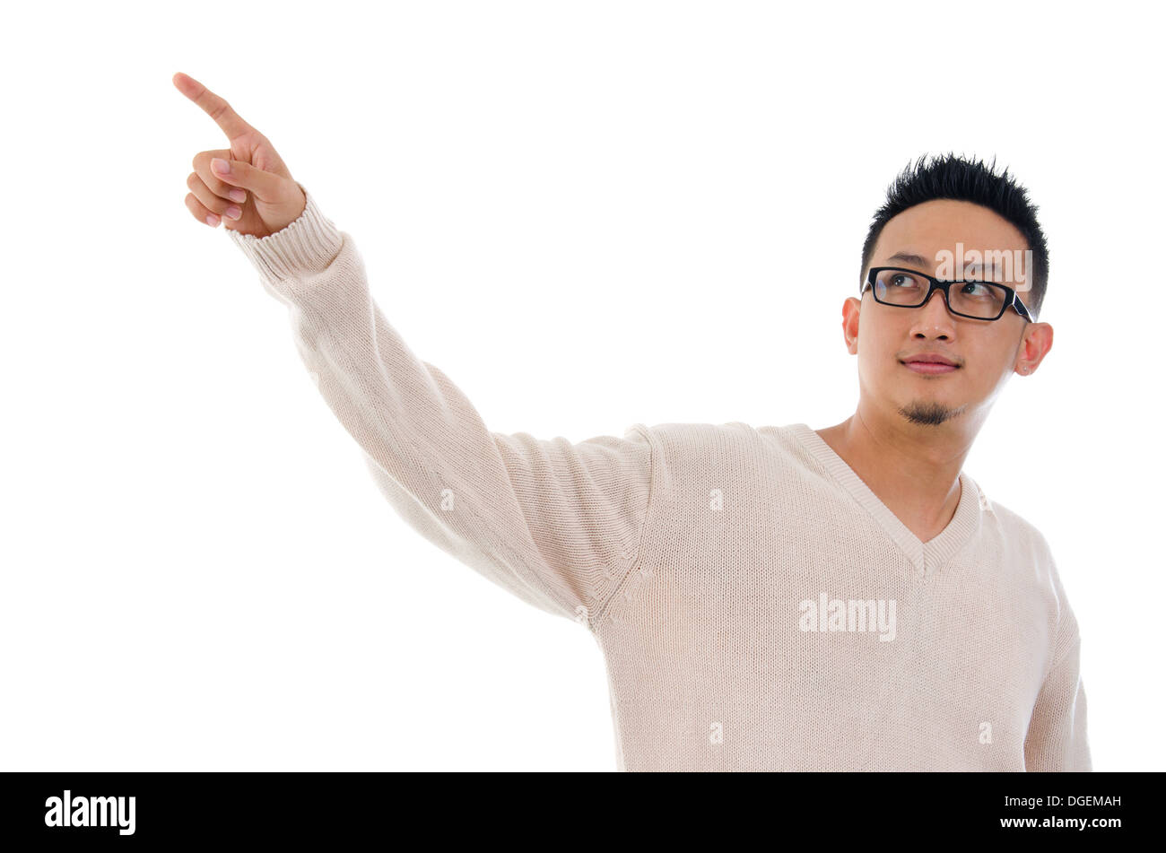 Asian man finger touching on transparent virtual screen, space for text ...