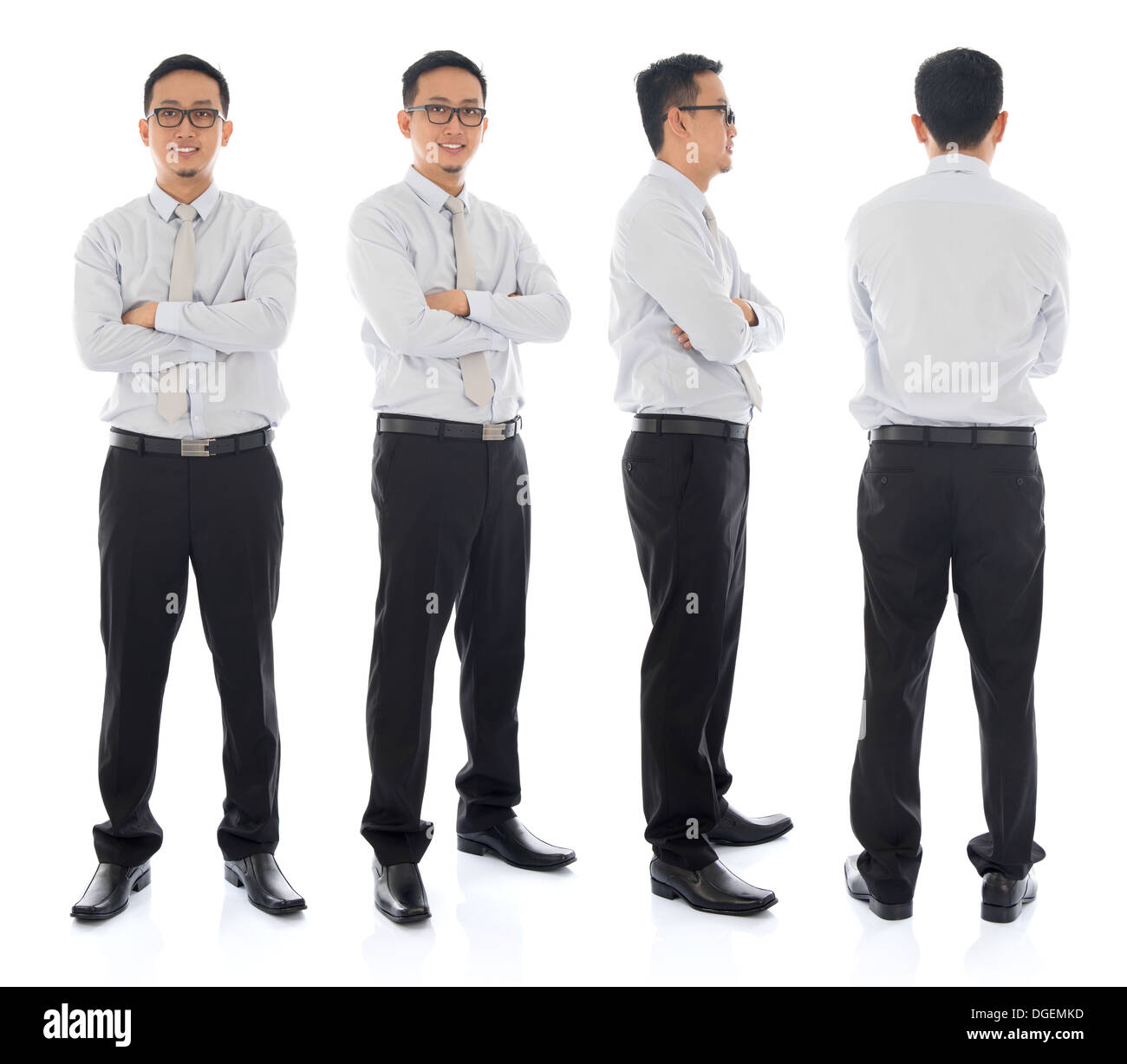 Full body arms folded Asian businessman in different angle, front, side ...
