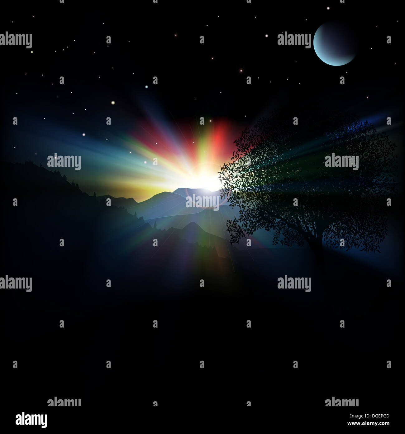 abstract stars background with mountains tree and sunrise Stock Photo ...