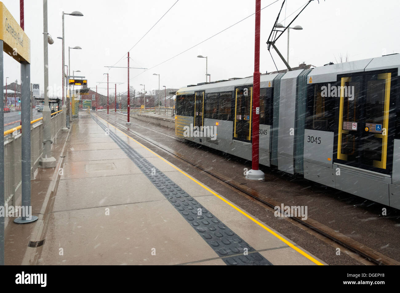 Manchester Metrolink tram in snow, during testing on the East ...