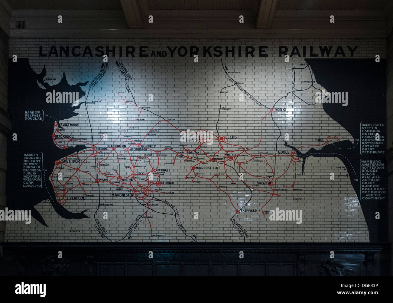 Map of the Lancashire and Yorkshire Railway routes on a wall at ...