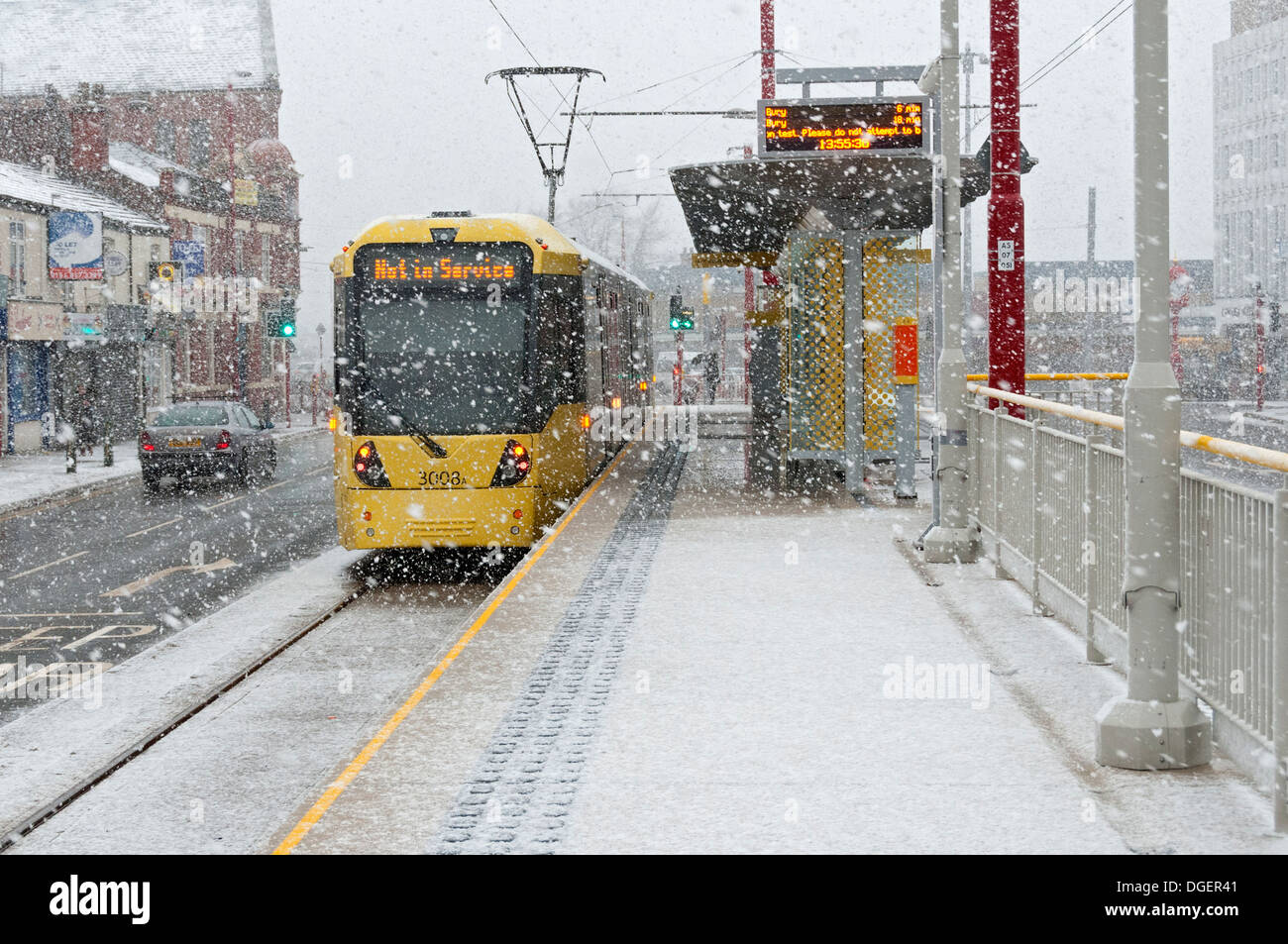 Manchester Metrolink tram in snow, during testing on the East ...