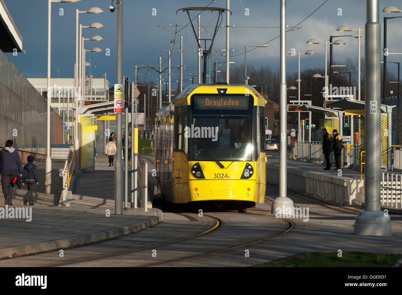Metrolink tram at the Velodrome tram stop, on the East Manchester Line ...