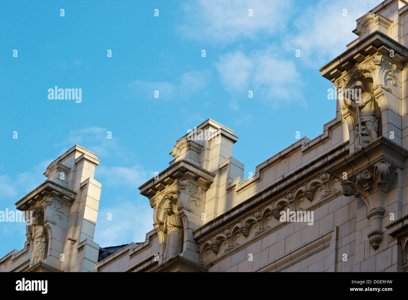 Ornate rooftop sculptures at dawn on grade 2 listed 1920's Elite ...