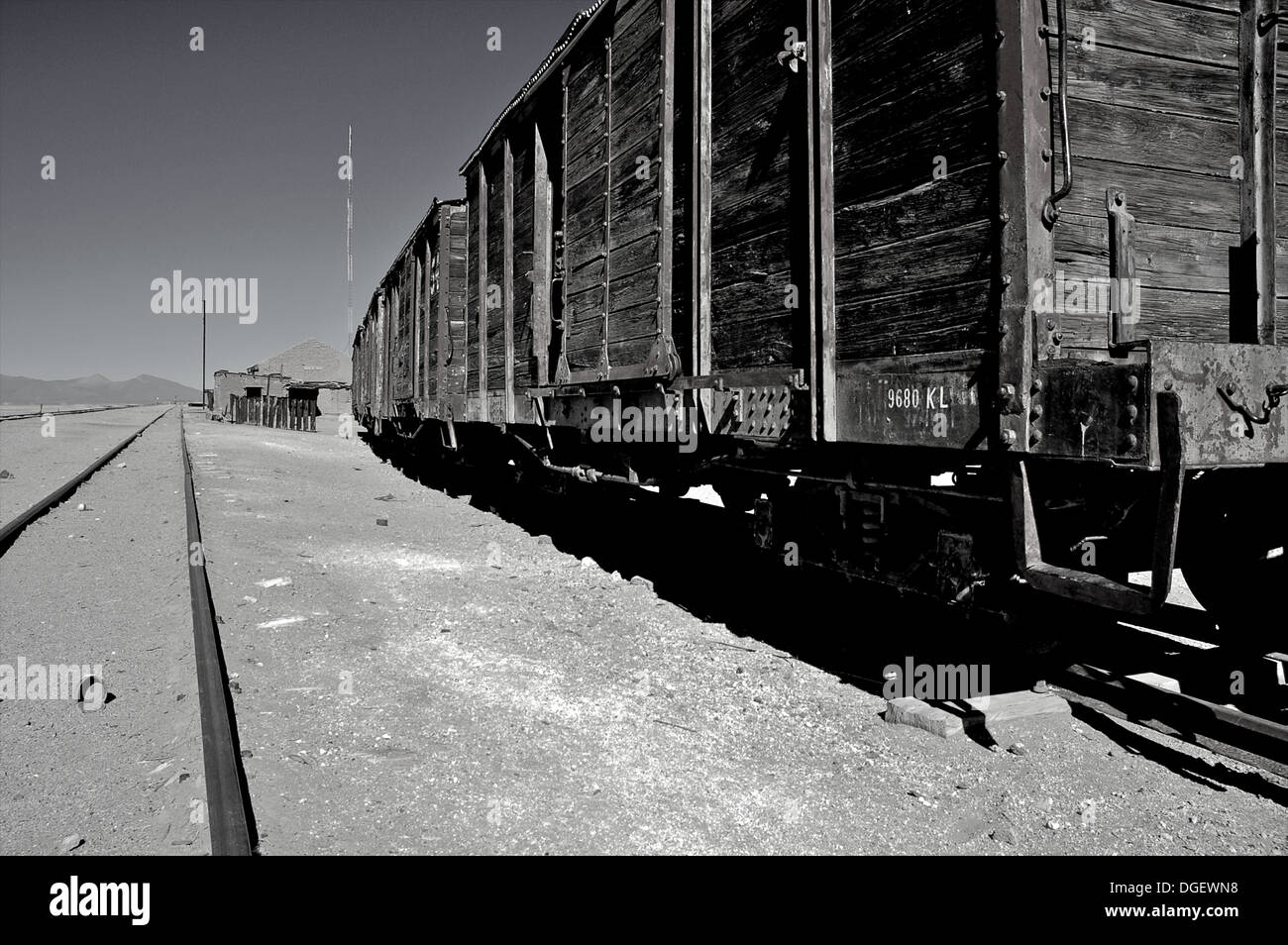 Wagons along a desert railroad in Uyuni Desert, South Lipez, Bolivia ...