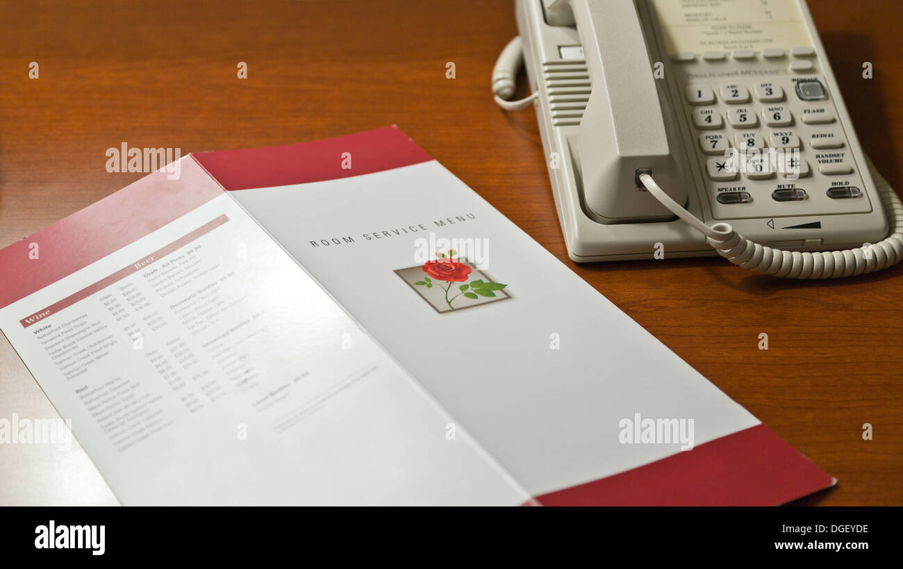 Room service menu next to telephone at Biltmore Hotel, Santa Clara ...