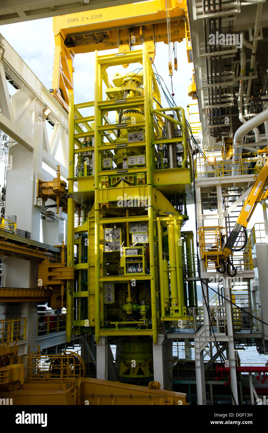 BOP blow out preventer inside ultra deep waters drilling ship Ocean Rig ...