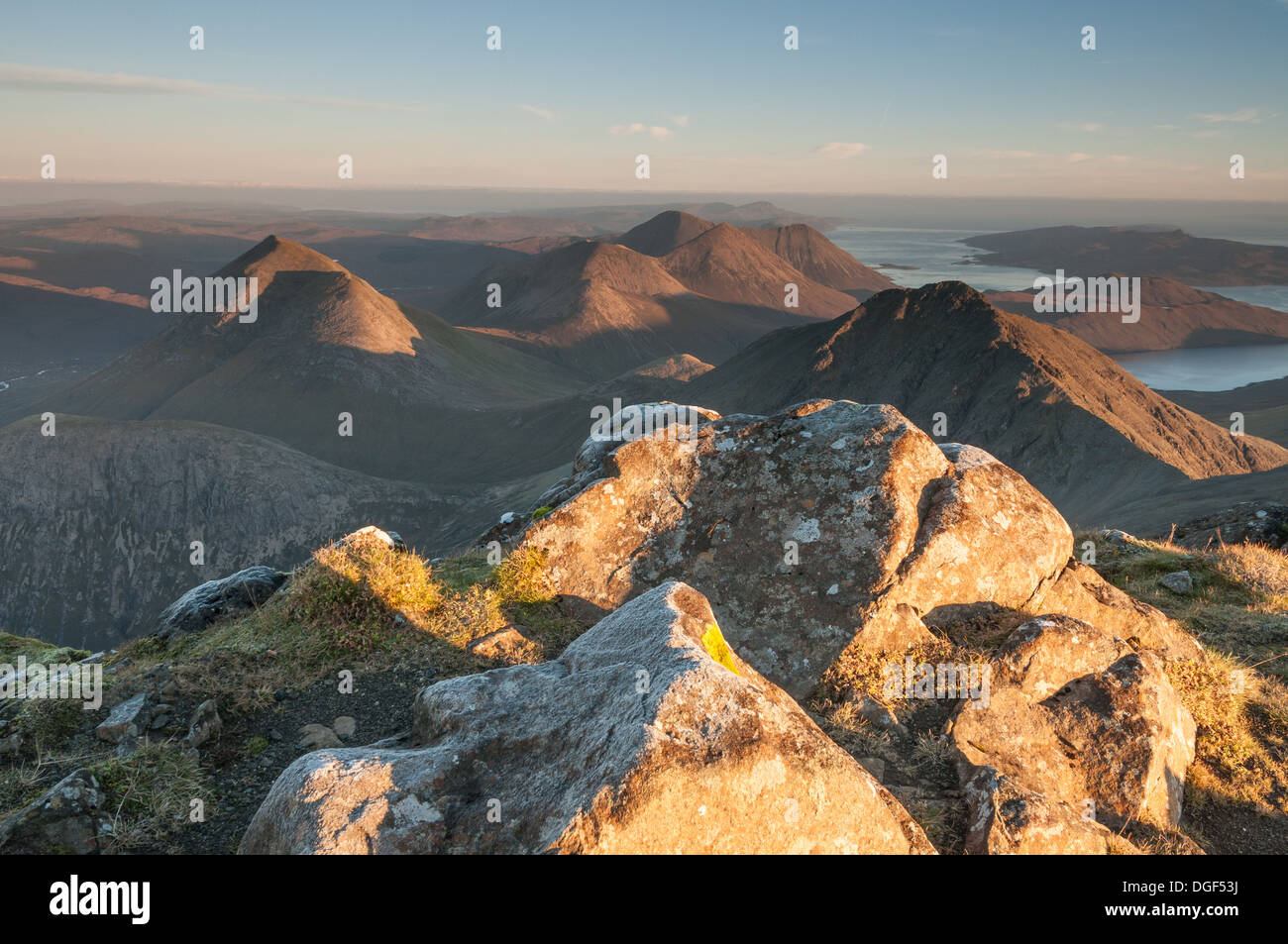 The rocky summit of Bla Bheinn, Isle of Skye, with Marsco and the Red ...
