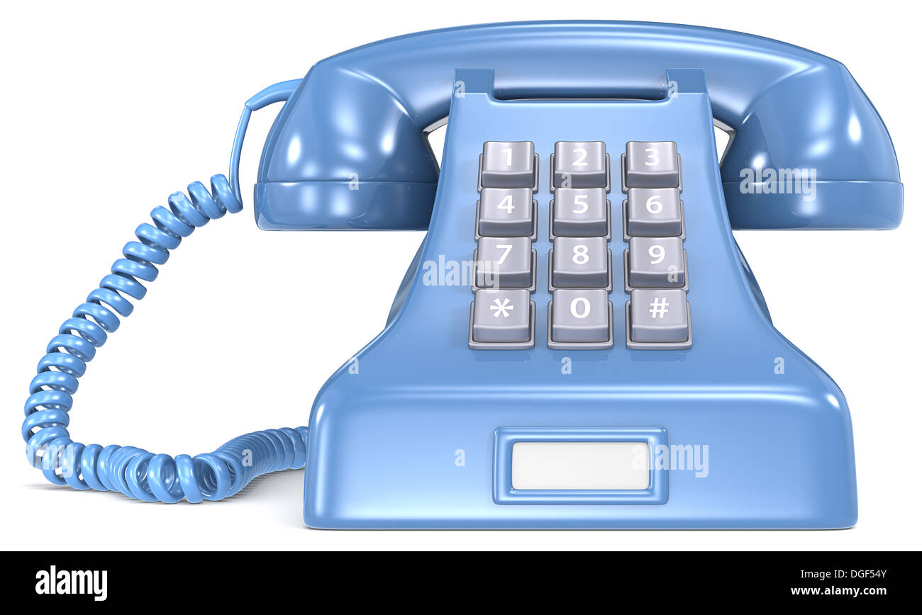Blue classic retro telephone. White label Stock Photo - Alamy