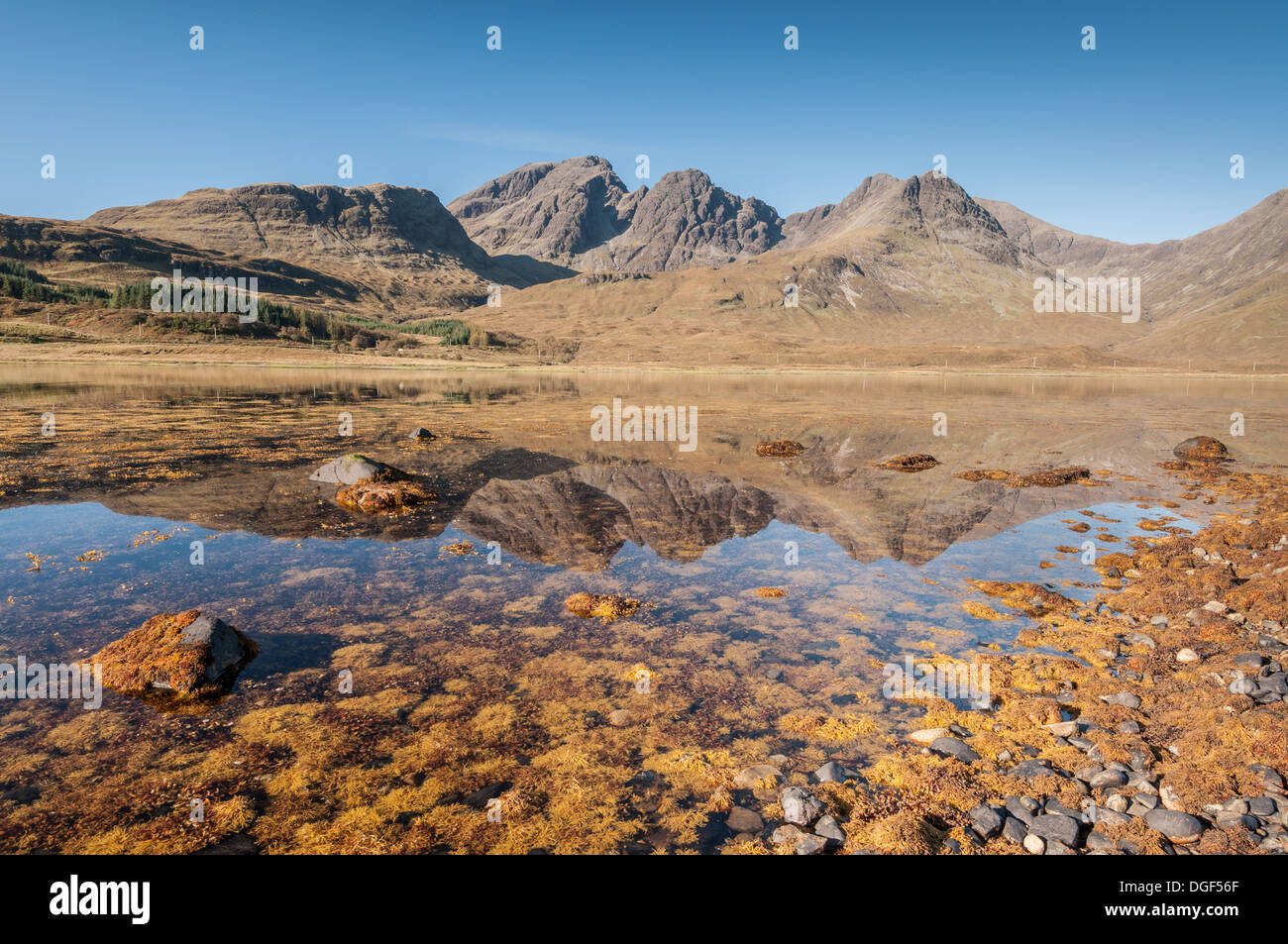Bla Bheinn, outlying mountain of the Black Cuillin range, reflected in ...