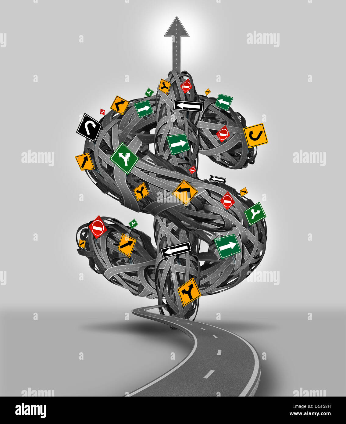 Money decisions business concept with a group of tangled roads and ...