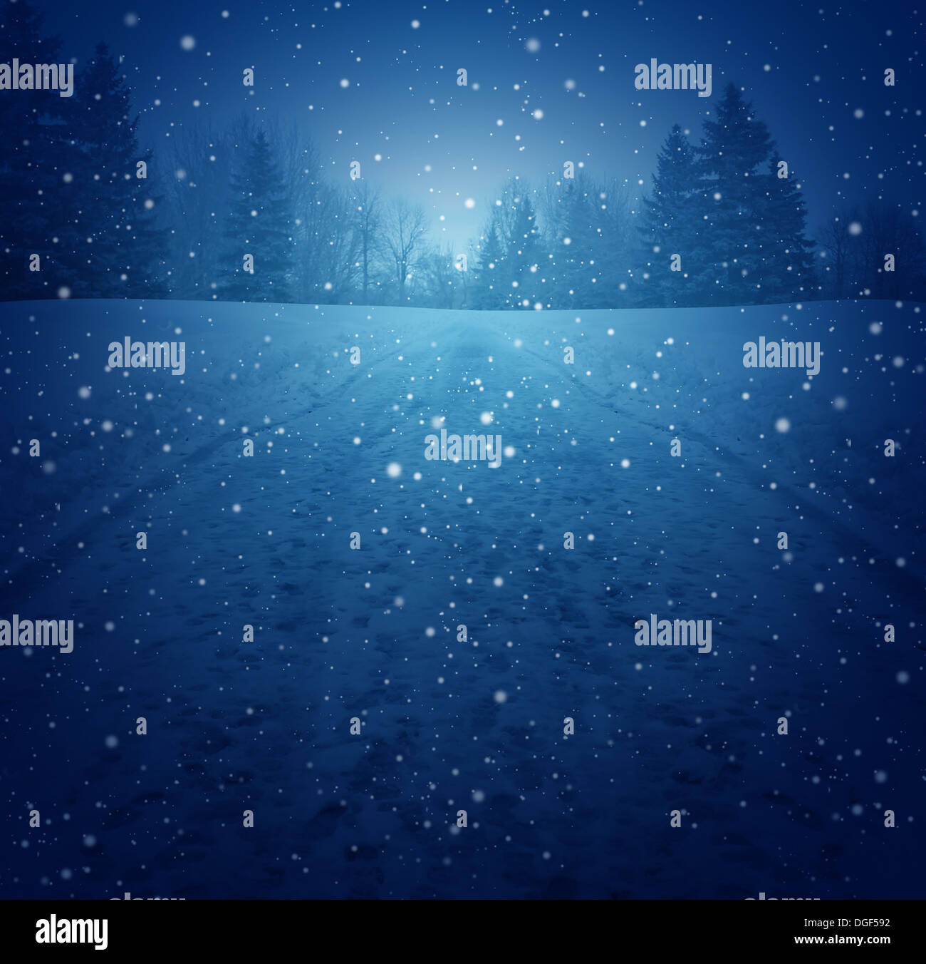 Winter landscape concept as a snowing blue background with a pedestrian ...