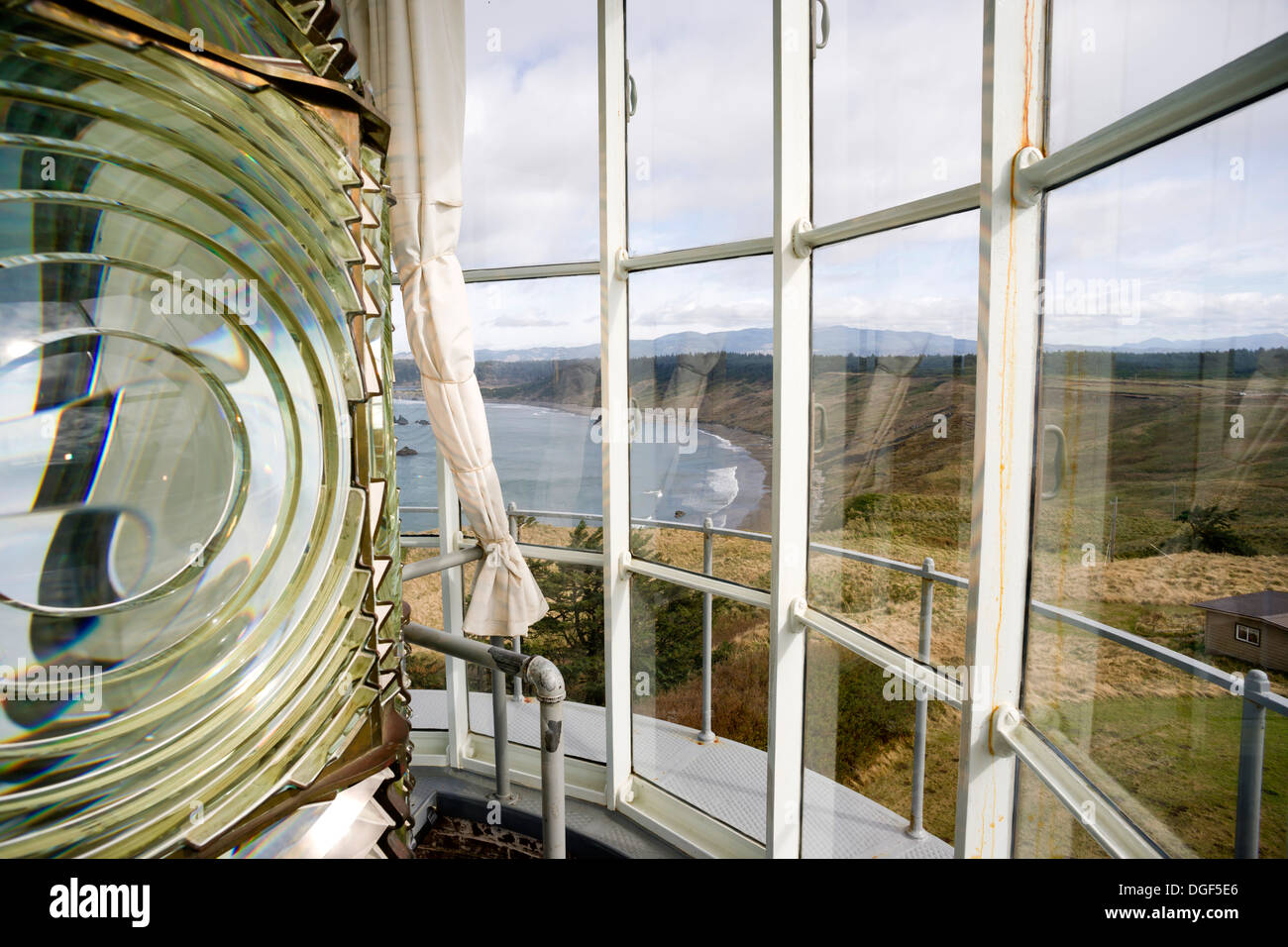 Spinning Fresnel Lens housing in Cape Blanco Lighthouse tower Stock ...
