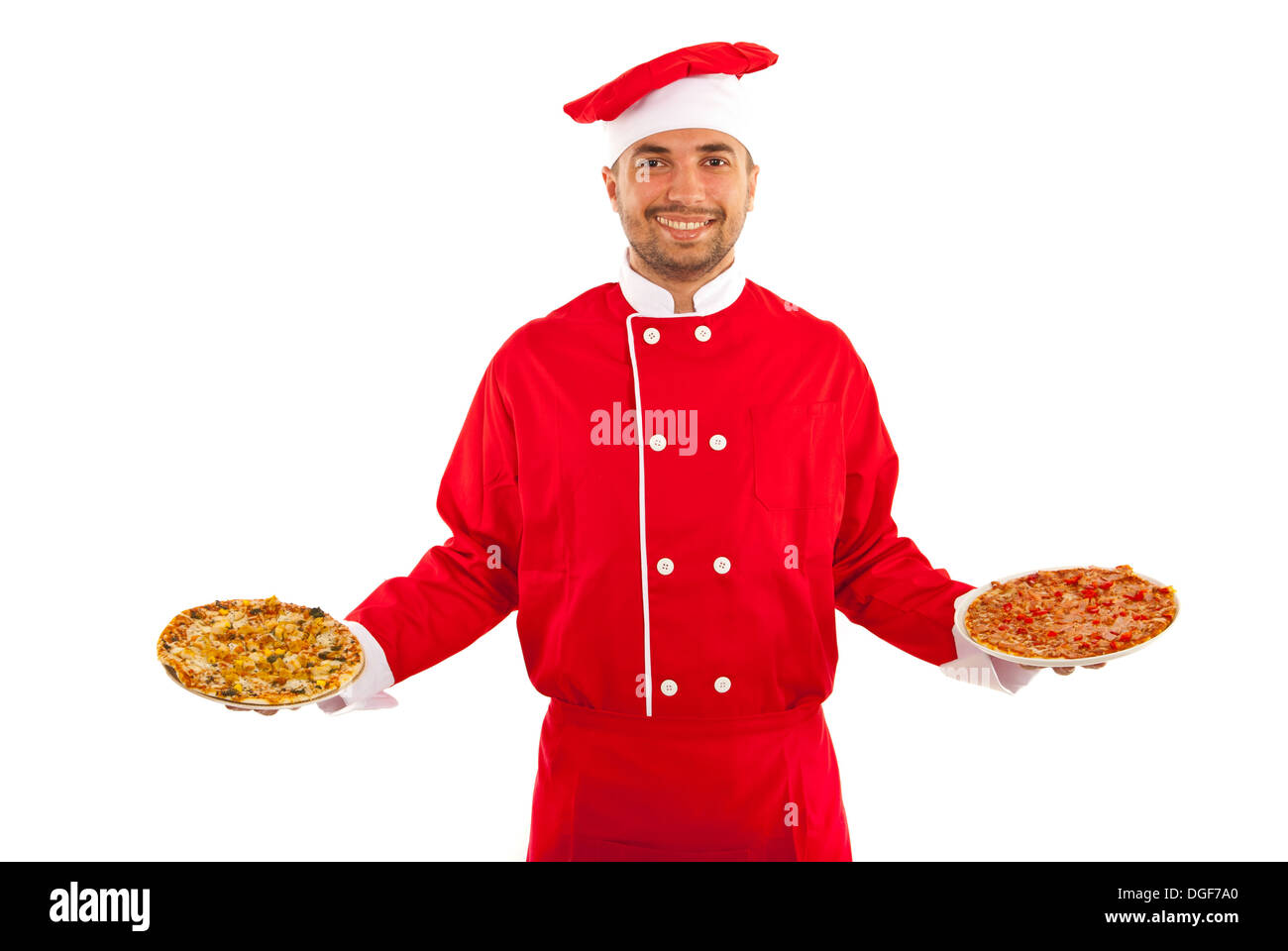 Happy chef male serving pizza isolated on white background Stock Photo ...