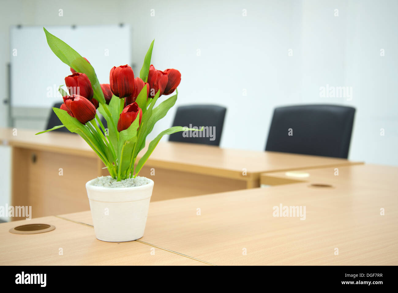 Two black chairs in a meeting room with Red flower on Meeting room ...