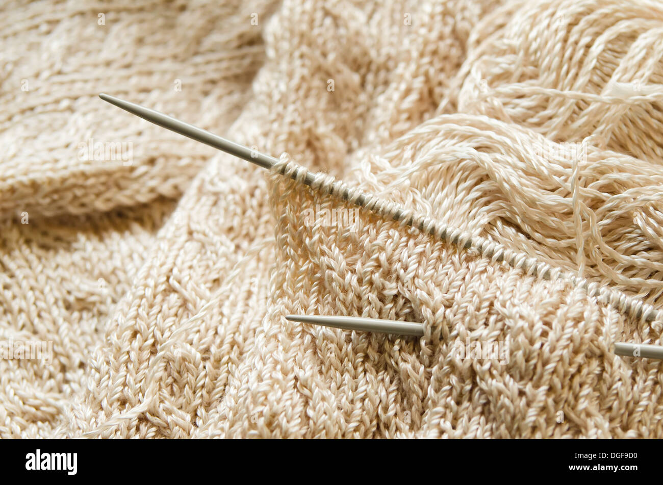 Knitting work in progress, knitting needles and yarn Stock Photo - Alamy