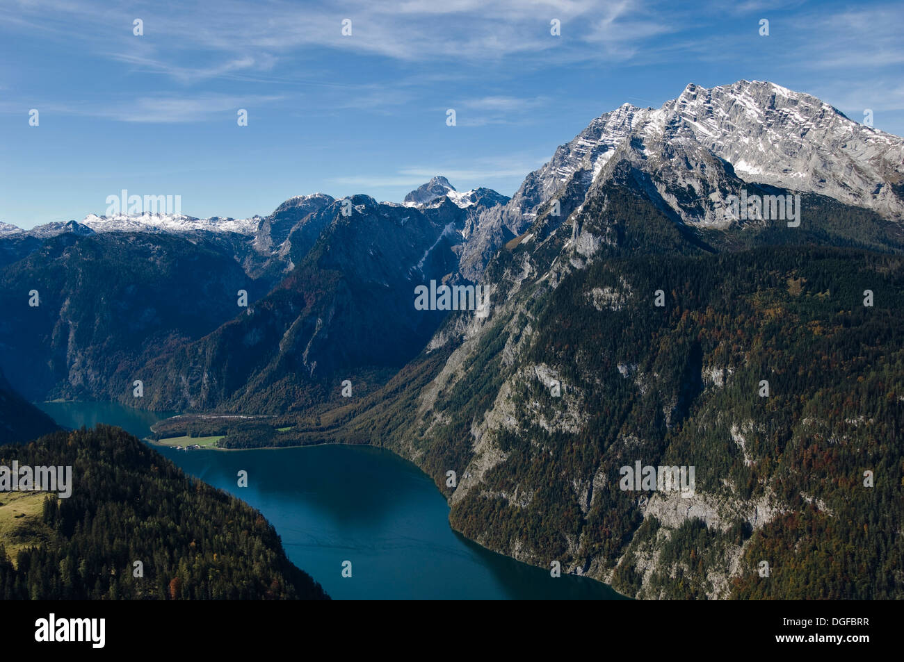 Aerial view, Koenigssee lake surrounded by mountains, Königssee ...