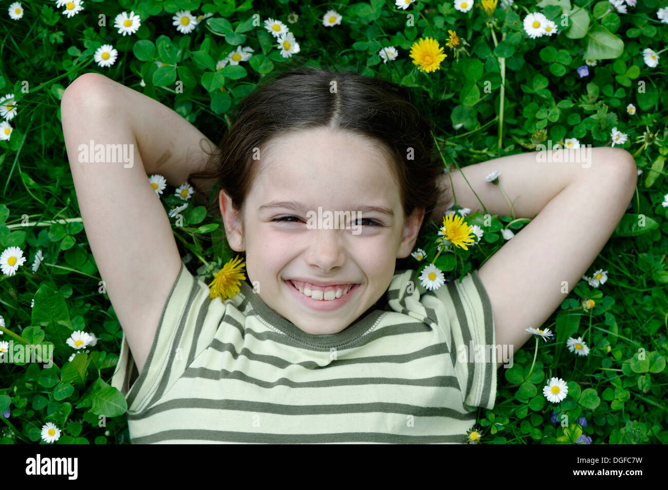 Girl lying on a flower meadow, Upper Bavaria, Bavaria, Germany Stock ...