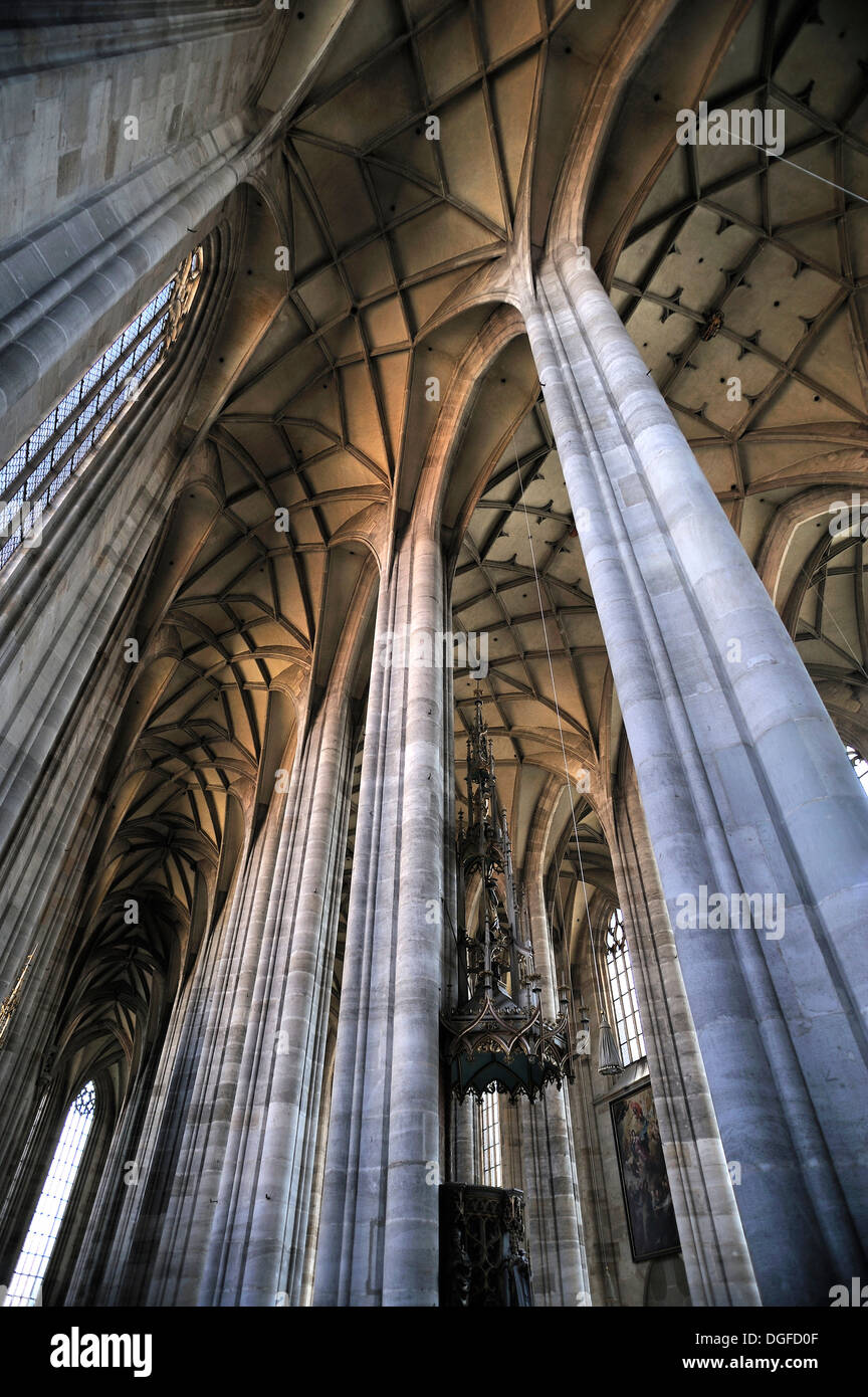 Colonnade and vaulted ceiling of the late-gothic three-naved hall ...