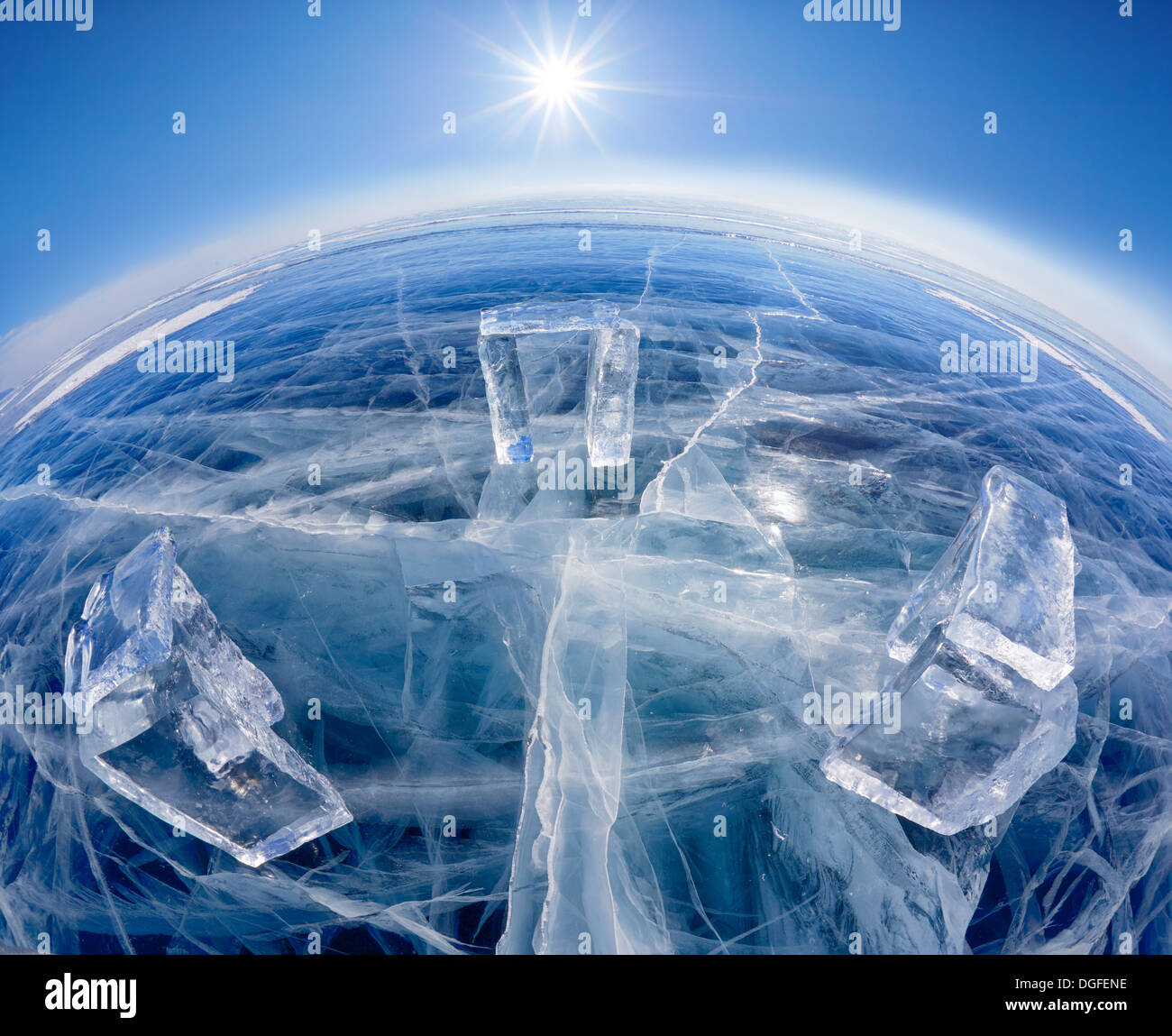 Wide-angle shot of Icehange - stonehenge made from ice on lake Baikal ...
