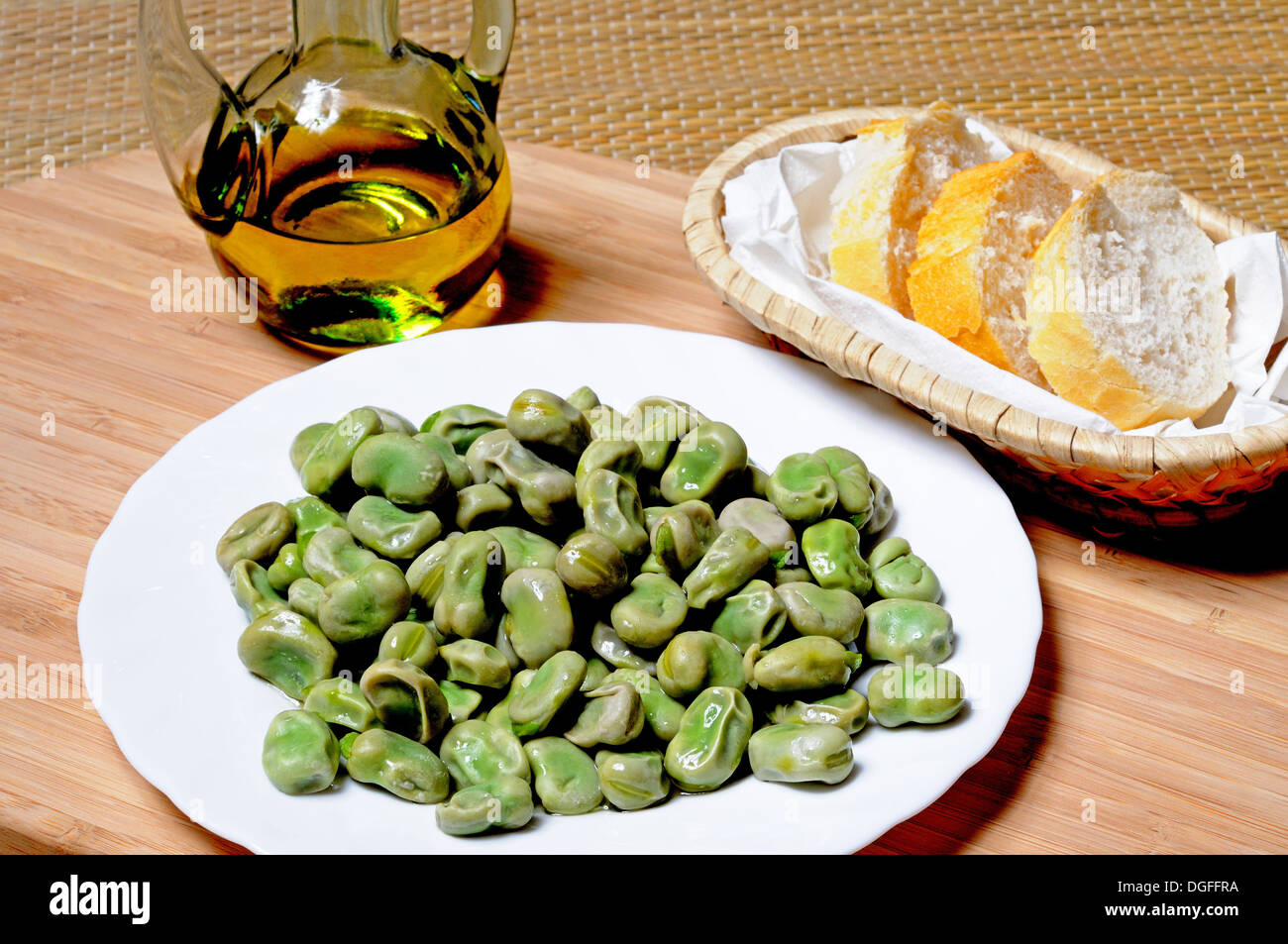 Tapas - Broad beans in olive oil with bread, Andalusia, Spain, Western ...