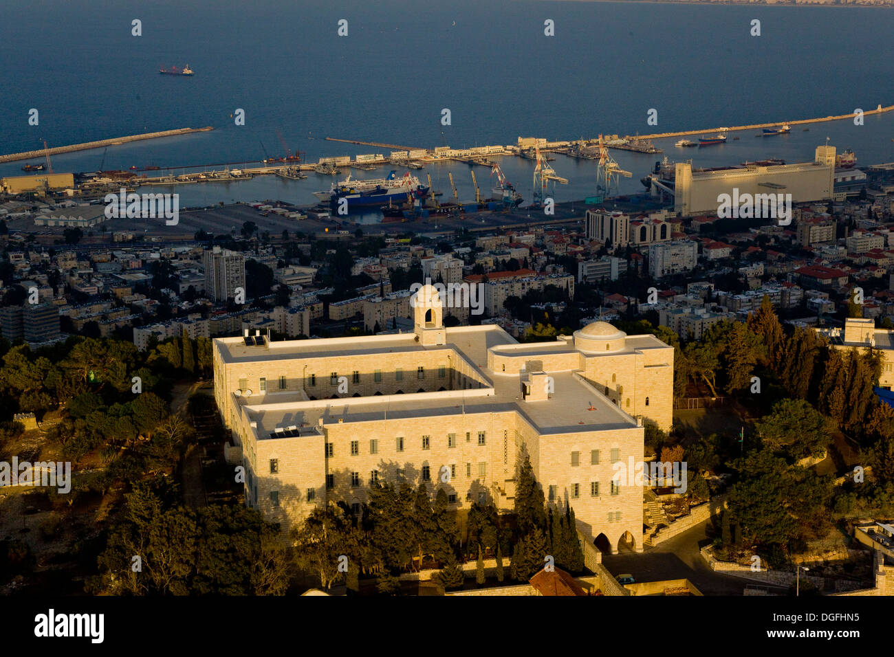 An aerial photo of Haifa cityscape- the port, Dagon building, and the ...